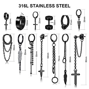 FIFATA 20 Pieces Men Earrings Set - Black Stainless Steel Chain Hoop Earrings Cross Moon and Star Dangle Earrings Piercing Jewelry for Men Women