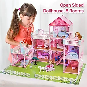 CUTE STONE Dollhouse, Doll House with Flashing Lights, Pretend Play Toddler Dollhouse Sets with 2 Dolls, Furniture, 8 Rooms and Doll Accessories, Creative Gift for Girls, L32 xH23