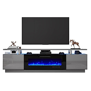 LUXOAK 80" Fireplace TV Stand, Modern LED Entertainment Center with 40" Electric Fireplace, High Gloss Finish Media Console with Storage for TVs Up to 90", Grey