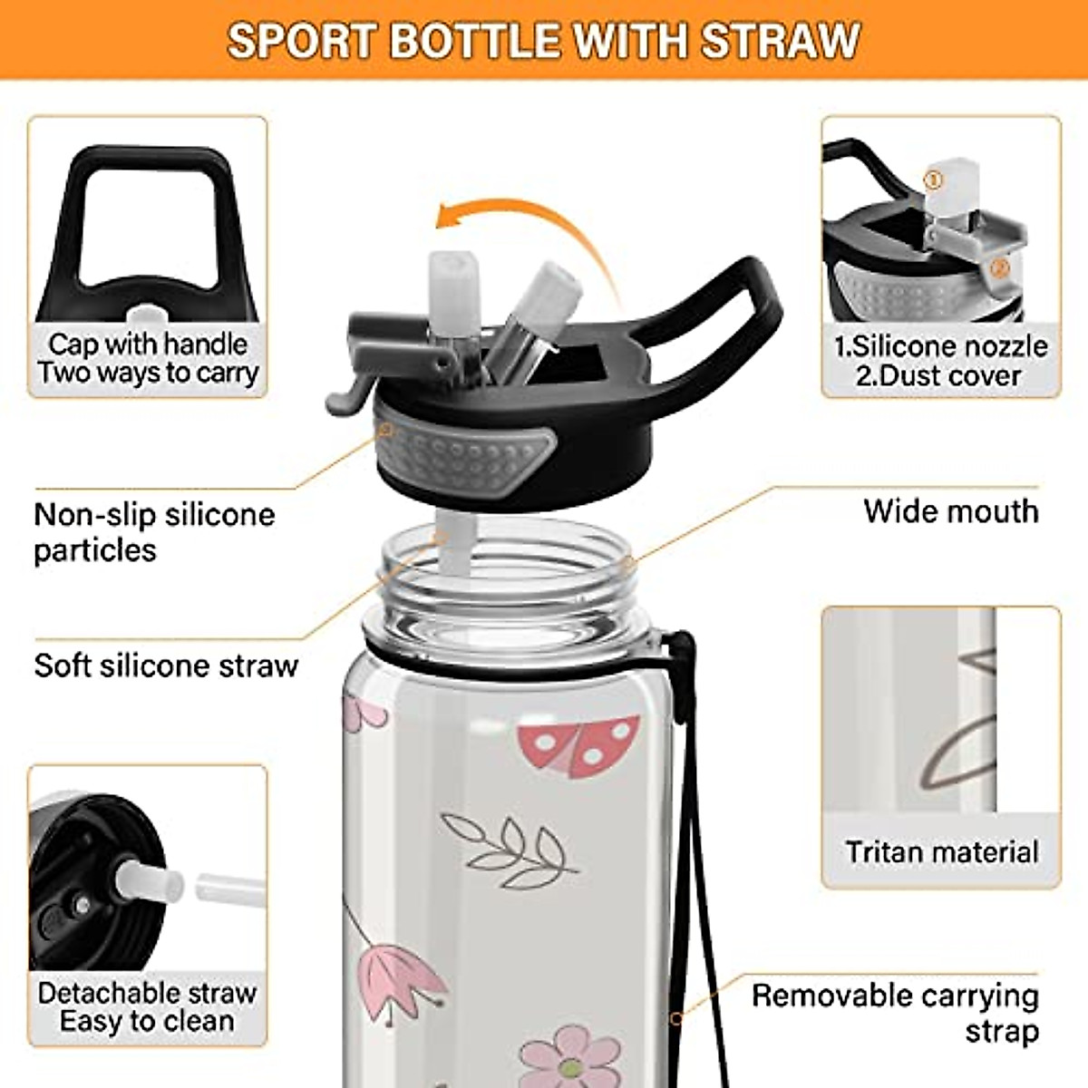 xigua Ladybug Water Bottle with Straw Lid,32 oz Leakproof Sport Water Bottle with Wide Handle for Gym,Cycling,School,Travel