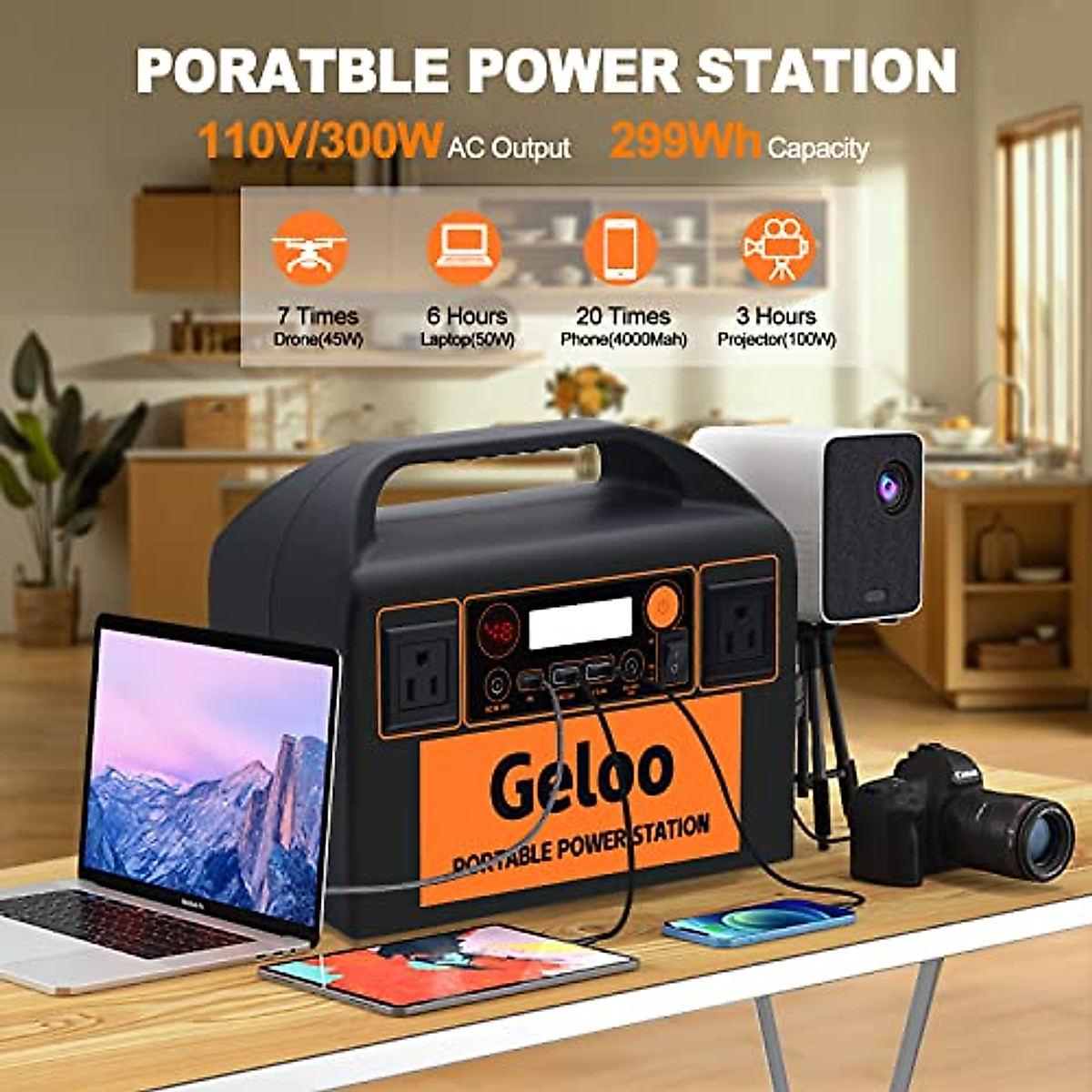 Geloo Portable Power Station 300W, 299Wh Solar Generator for Camping, Portable Solar Power Station 110V/300W AC, USB, PD Output, Portable Generator for Home Outdoor Camping RV Travel