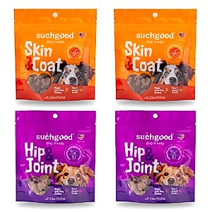SuchGood Hip and Joint + Skin and Coat Dog Treats - Support Chews for All Breed Sizes and Ages, Glucosamine and Chondroitin + Salmon and Flaxseed Oil for Dogs (Chicken Flavor, 4 Packs)