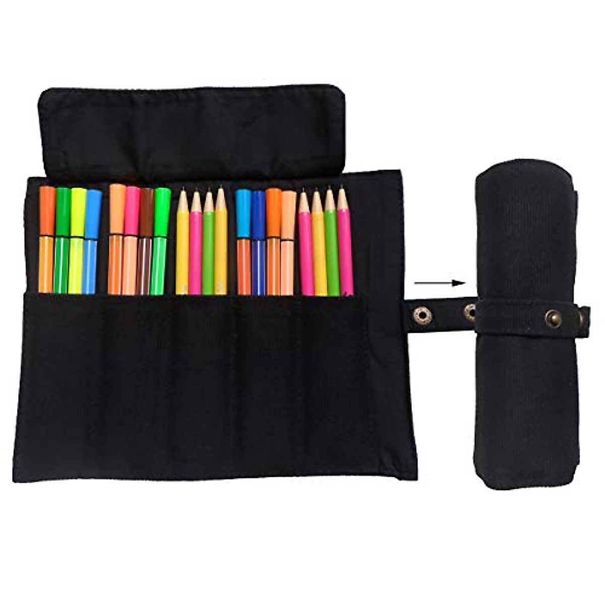 Enyuwlcm Canvas Stationery Handmade Foldable Rollup Pencil Case Travel Pen Holder Wrap Black