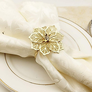 NAGU Flower Napkin Rings Set of 6, Hollow Out Floral Napkin Holder Adornment Exquisite Household Napkins Rings Set Rhinestone Napkin Rings for Wedding Banquet Christmas Table Setting (Gold)