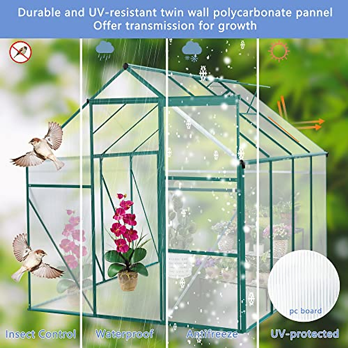 Outdoor Patio Greenhouse, Adjustable Roof Vent and Rain Gutter for Plants,Walk-in Polycarbonate Greenhouse, Garden Greenhouse for Flowers in Winter, Garden, Backyard,Silver-6 x 8 FT