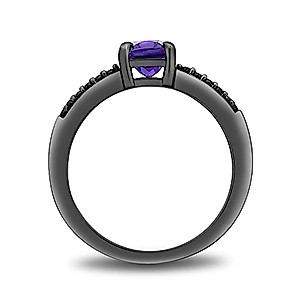 Jewelili Enchanted Disney Fine Jewelry Black Rhodium over Sterling Silver 8x6 MM Cushion Shape Amethyst and 1/5 Cttw Treated Black Round Diamond Ursula Ring, Size 7