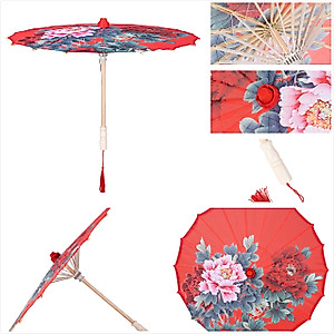 Hand Made Japanese Oriental Parasol Dancing Umbrella 22 inch with Hand held Silk Folding Fans for Kids(Red)