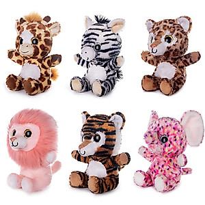 My OLi 7" Plush Toys Set Stuffed Animals Bundle of Forest Animal Toys Lion/Elephant/Zebra/Giraffe/Tiger/Leopard Stuffed Animals Pack of 6 for Babies Kids Girls Boys