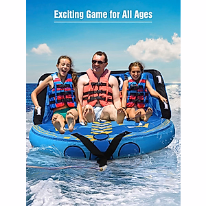 Vitalmeter Towable Tube for Boating 3 Rider Inflatable Water Sports Towable Tube with EVA Foam Seat Pads, Dual Tow Points, Grip Handles for Kids Adults Blue