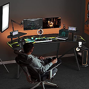 JWX Gaming Desk with Removable Speaker Stand, 72'' Large Studio Wing-Shaped Gaming Desk with Headphone Stand, Cup Holder for Live Streamer, Social Media Influencers & Music Recording