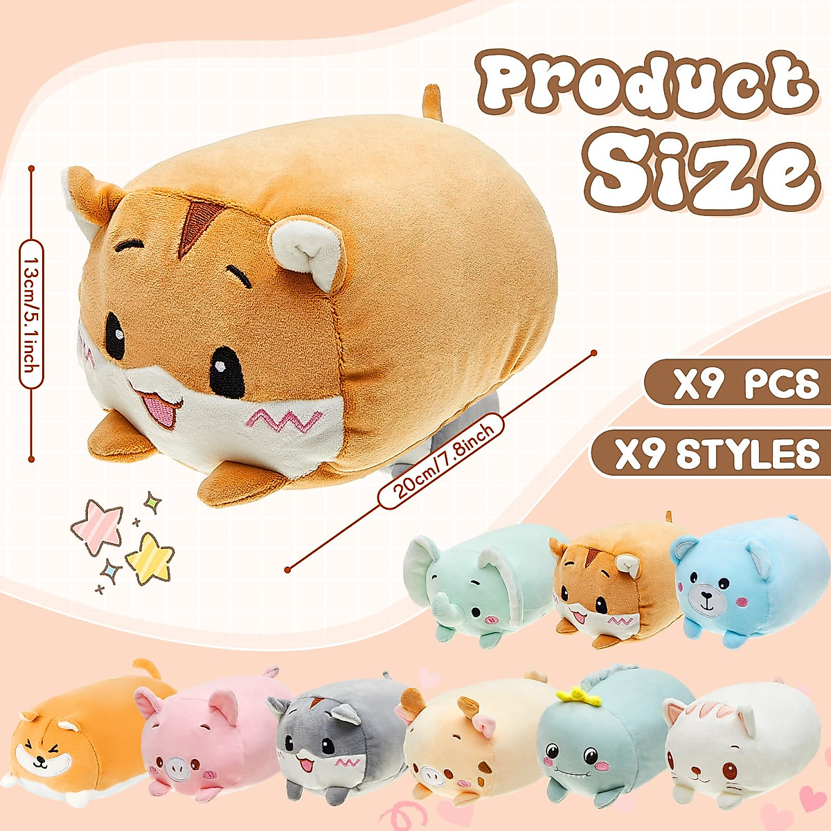 9 Pieces Christmas Plush Toys Set 8 Inch Elephant, Deer Hamster Panda Pig Dinosaur Plush Stuffed Animals Cuddly Cute Body Pillow Soft Cartoon Hugging Toy for Boys Girls Xmas Gift Bedding,sleeping