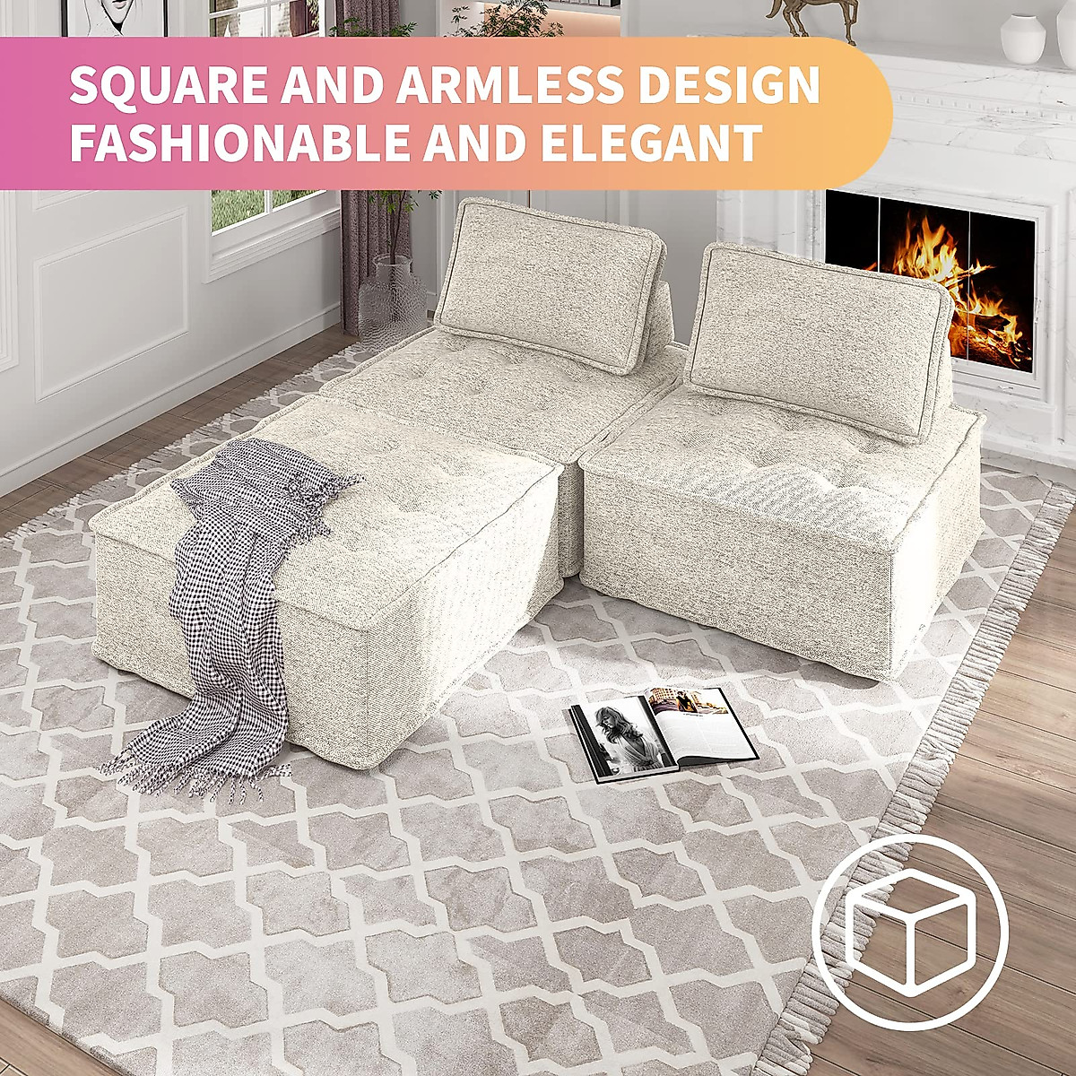 Mixoy Modular Sectional Sofa, Variable 3 Seater Sofa Couch with Oversized Soft Seat, Free Combination Armless Sectional Sofa Couch for Living Room, Bedroom (Beige, 3PCS)