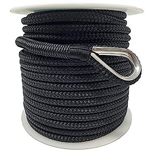 Rainier Supply Co. Boat Anchor Line - 100 ft x 1/2 inch Anchor Rope - Double Braided Nylon Anchor Boat Rope with 316SS Thimble and Heavy Duty Marine Grade Snap Hook - Black