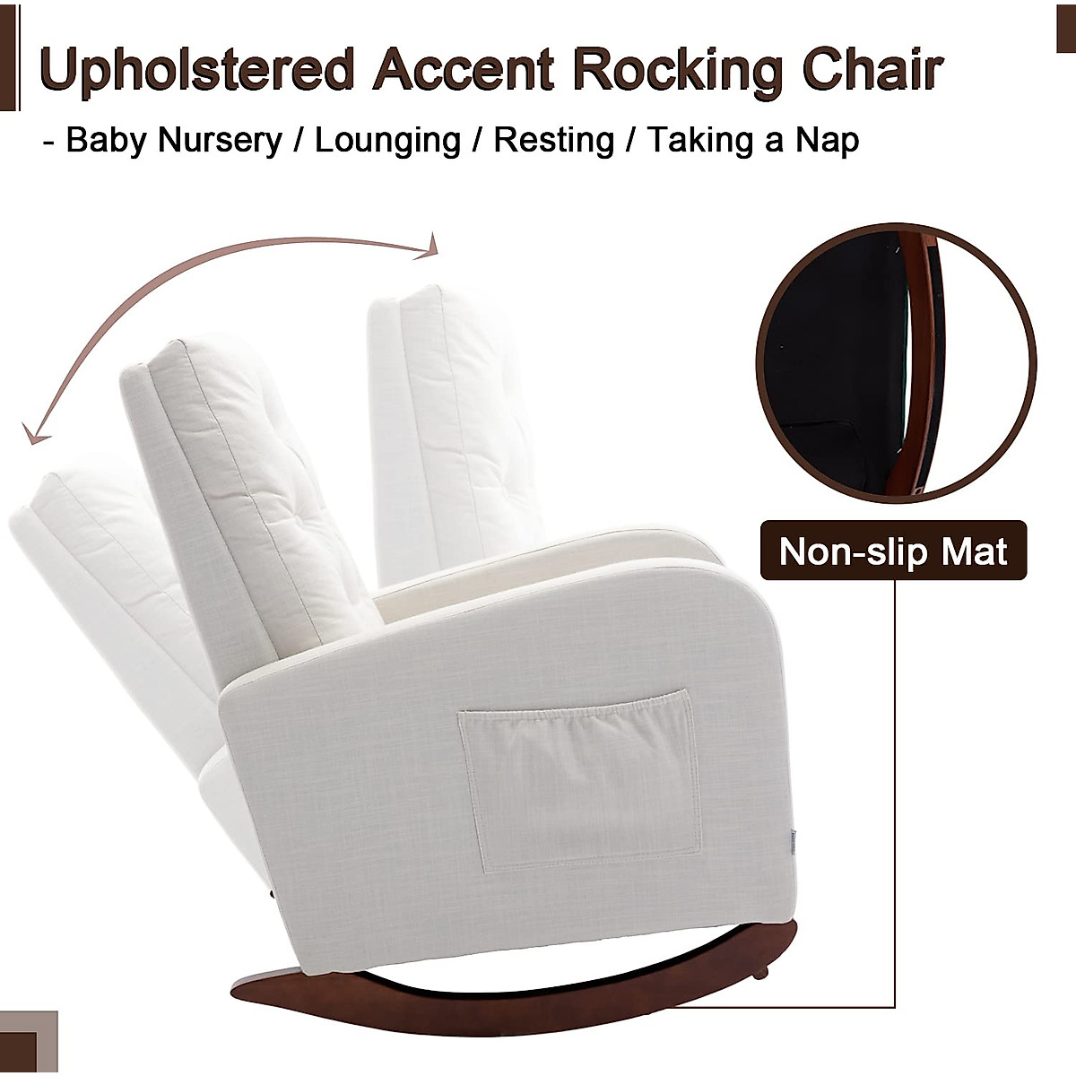 Antetek Modern Accent Rocking Chair, Upholstered Nursery Glider Rocker for Baby and Kids, Comfy Armchair with Pocket, Living Room Lounge Arm Chair, High Backrest with Decorative Buttons, Off White