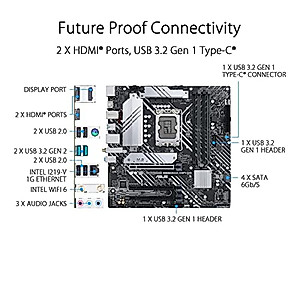 ASUS Prime Motherboard B660M-A WiFi D4 LGA 1700(Intel 12th Gen) mATX (PCIe 4.0, Wi-Fi 6,DDR4,2xM.2 Slots, 1Gb LAN, DP,2 x HDMI, USB 3.2 Rear Gen 2 and Front Gen 1 Type-C, Aura Sync)