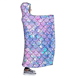 321DESIGN Mermaid Fish Scale Wearable Blanket Fleece Hooded Robe Cloak Throw Quilt Poncho Microfiber Sherpa Plush Warm Wrap Multiple-Size Child(50"x40"in)