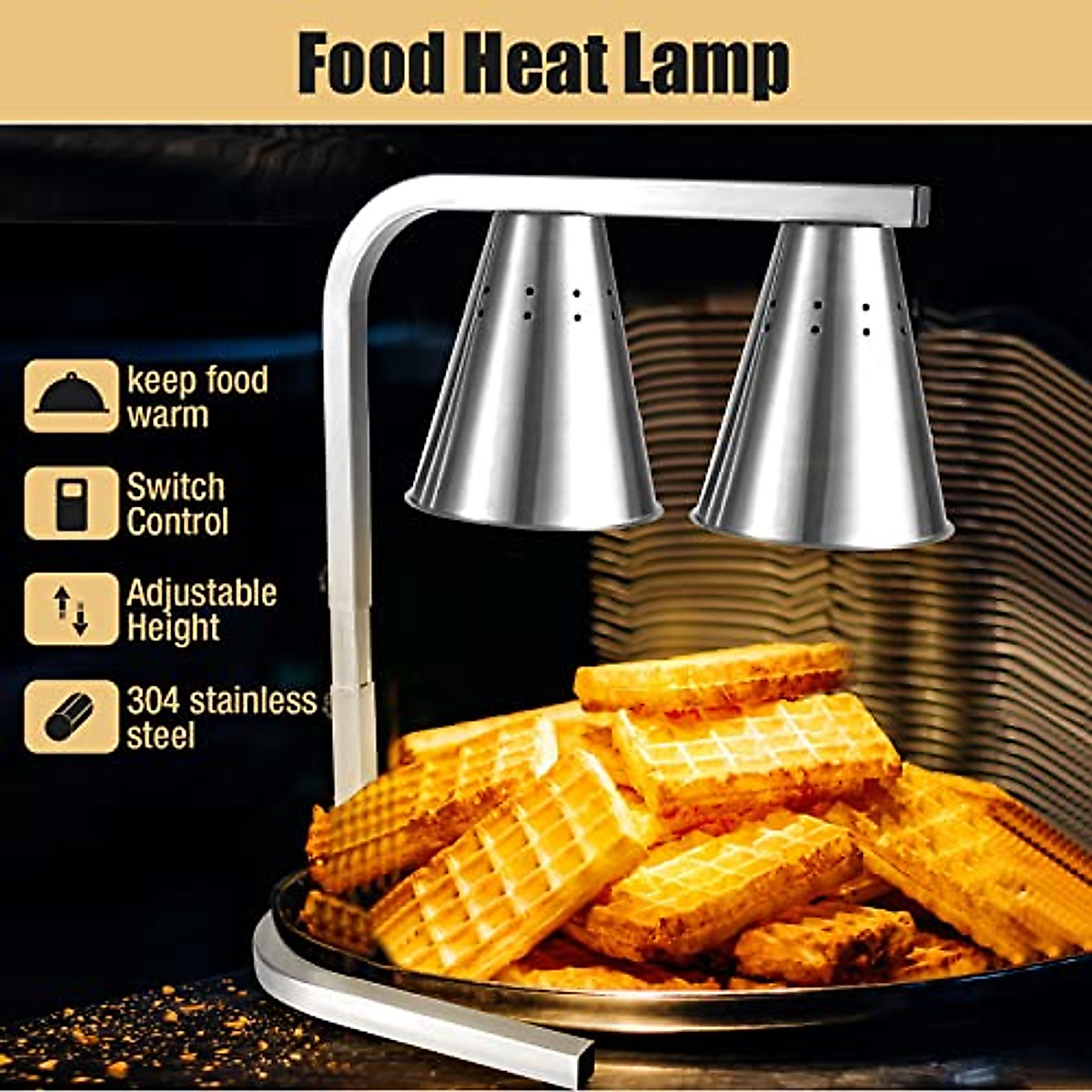 Restlrious Food Heat Lamp Freestanding Commercial Portable Food Warmer, Stainless Steel 120V Electric Food Heat Lamp with 2 Bulbs for Food Service - 250W Each, Fan-Shaped Lampshade