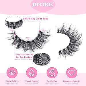 JIMIRE Natural False Eyelashes with Clear Band Mink Fluffy Lashes D Curl Strip Lashes 16MM Volume Natural Look like Lash Extension 5D Cat Eye Lashes 7 Pairs Pack
