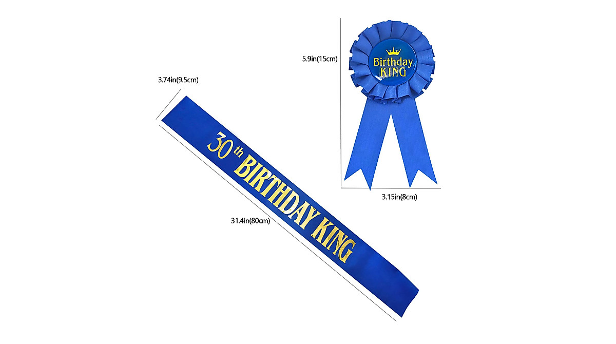 30th Birthday King Sash for Men - Blue Satin Gold Foil
