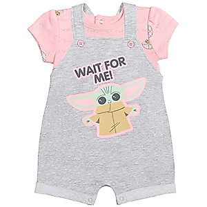 STAR WARS The Child Infant Baby Girls French Terry Snap Short Overalls T-Shirt and Headband 3 Piece Outfit Set Light Gray 18 Months