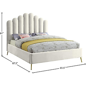 Meridian Furniture Lily Collection Modern | Contemporary Velvet Upholstered Bed with Deep Channel Tufting and Custom Gold Steel Legs, Queen, Cream