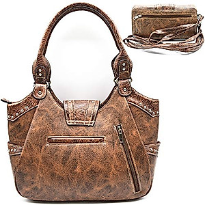 Western Style Tooled Leather Conceal Carry Purse Buckle Country Large Totes Handbag Women Shoulder Bag Wallet Set Brown
