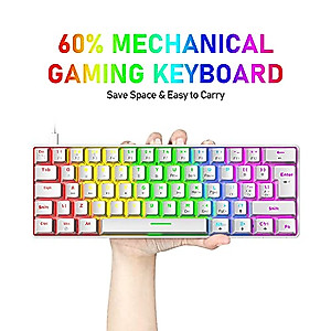 60% True Mechanical Gaming Keyboard Ultra-compact with 20 Rainbow Backlit Type C Wired Programmable 62 Keys Tactile Blue Switch Waterproof Non-Conflict and Gaming Mouse Pad for PC/Laptop/PS5（White)