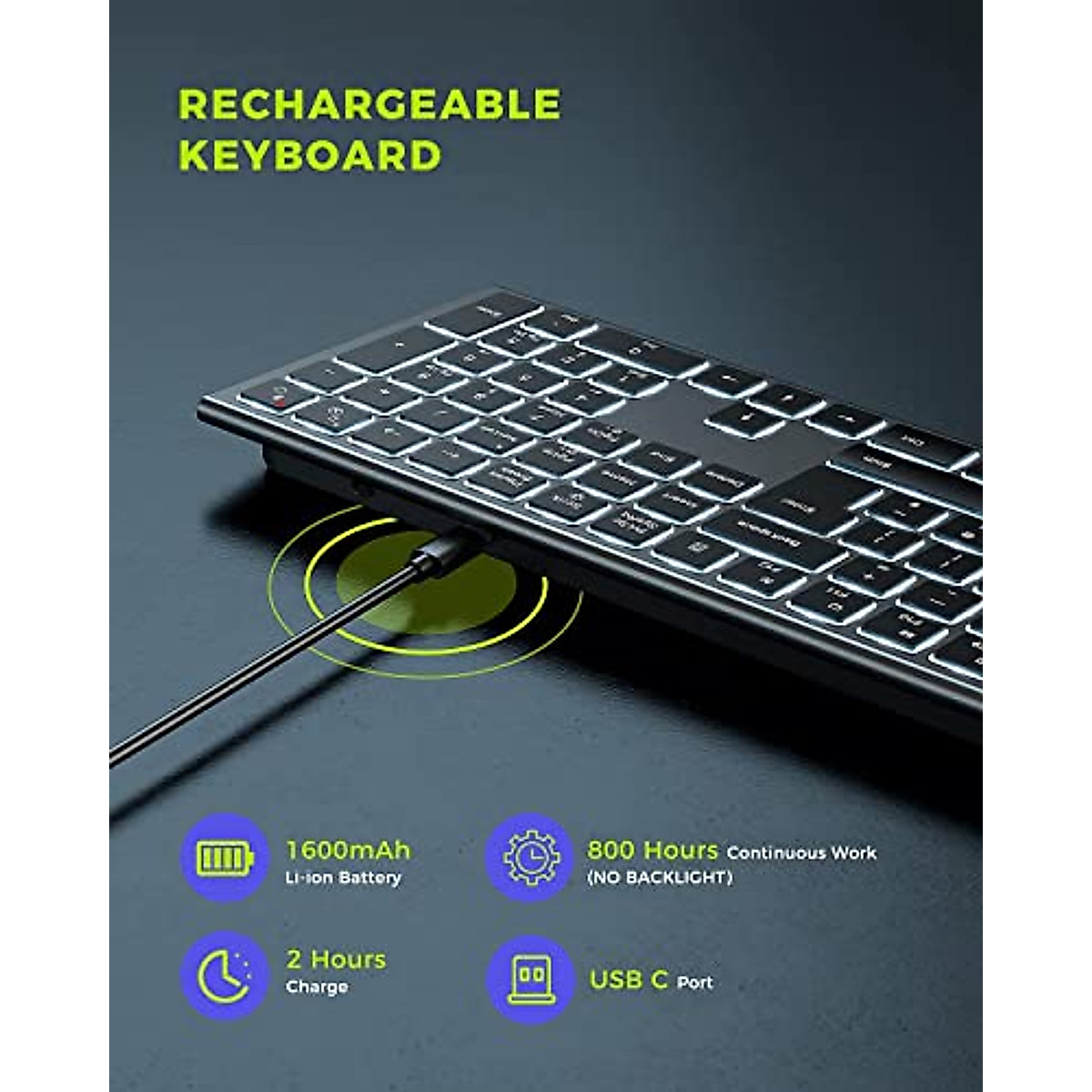seenda Backlit Wireless Keyboard, 2.4GHz Ultra Slim Rechargeable Keyboard, Illuminated Wireless Keyboard for Computer, Laptop, Desktop, PC, Surface, Smart TV, Windows 10/8/7 (Black and Grey)