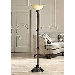 Barnes and Ivy Bellham Rustic Farmhouse Torchiere Floor Lamp Standing 72" Tall Bronze Pole Pale Amber Fluted Glass Shade for Living Room Reading Bedroom Office House Home Decor