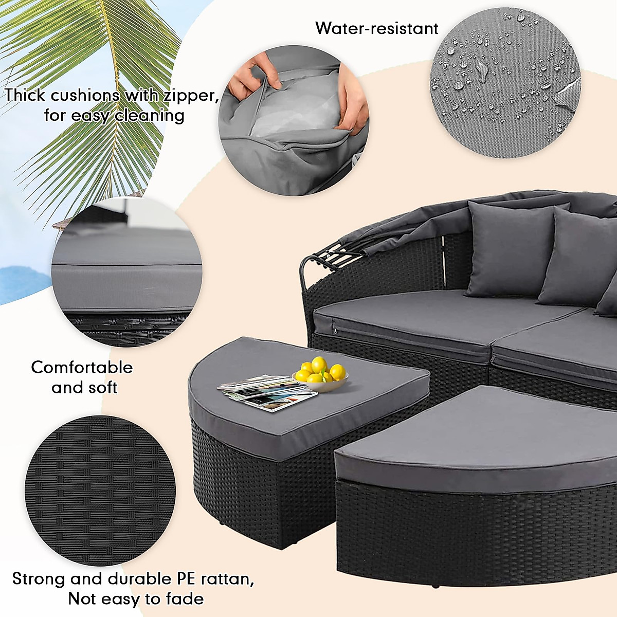 Oakmont Outdoor Patio Furniture Canopy Daybed Round Sofas, 4 Pieces Seating Separates Cushioned Seats, Black Wicker, Lawn Poolside Garden, Grey