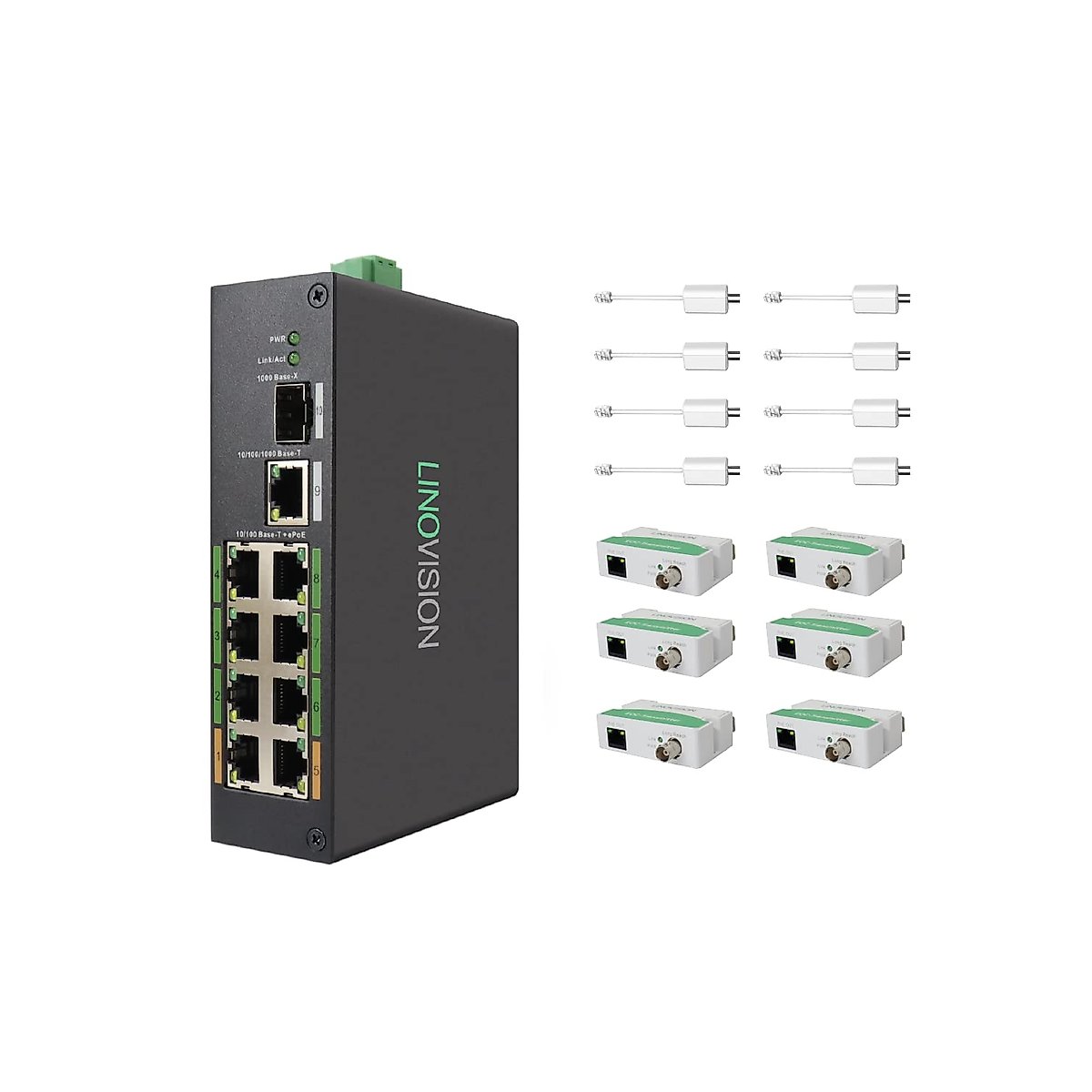 LINOVISION Industrial 8-Port EOC & POE Switch with 6pcs EOC Transmitters, Long Reach PoE Over Coax or UTP Cable, Simplified Wiring, Upgrading Analog System to IP Surveillance System