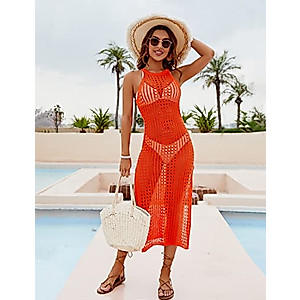 BMJL Womens Crochet Cover Up Sleeveless Side Split Cute Coverups Hollow Out Swimsuit Cover Ups (Large, Orange)