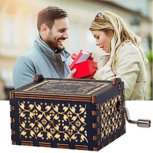 Kcikn Beauty Cute Hand-Crank Music Box for Him Her Small Wood Engrave Musical Box for Christmas Birthday Valentine's Day Black (Style C)