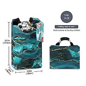 Teal Blue and Gold Laundry Basket, Waterproof Laundry Hamper, Laundry Bag with Padded Handles, Clothes Hamper Stands Up Well, Collapsible Laundry Basket Easy Storage