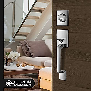 Berlin Modisch Single Cylinder HandleSet with Lever Door Handle (for Entrance and Front Door) Reversible for Right and Left Handed and a Single Cylinder deadbolt Handle Set Satin Nickel Finish