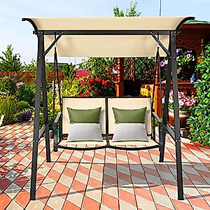 Tangkula 2-Person Patio Swing, Weather Resistant Porch Swing with Adjustable Canopy, Steel Frame, Outdoor Modern Canopy Swing with Handrails, Suitable for Porch Garden Poolside (Coffee)