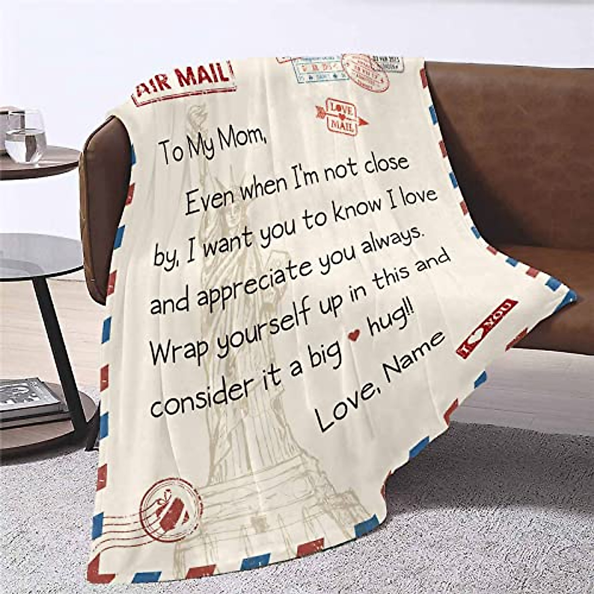 Neywoll Personalized Blanket for Mom from Daughter or Son, to My Mom Love Letter Air Mail Blankets, Soft Couch Bed Fleece World Landmarks Blanket 40x50 Inches