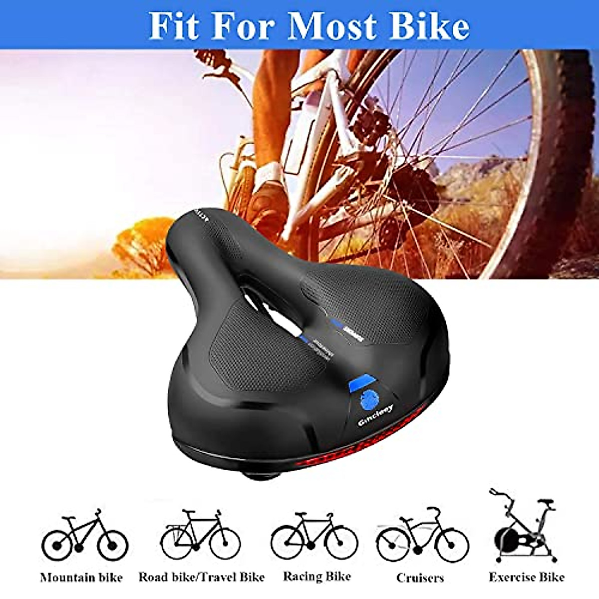 Gincleey Comfort Bike Seat for Women Men,Wide Bicycle Saddle Replacement Memory Foam Padded Soft Bike Cushion with Dual Shock Absorbing Universal Fit for Indoor/Outdoor Bikes with Reflect