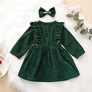 Karuedoo Kids Toddler Baby Girl Corduroy Ruffle Long Sleeve Dress Princess Party Dress Fall Winter Skirt Outfit (A-Green, 4-5T)