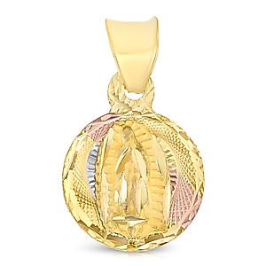 Ioka 14K Tri Color Gold Diamond Cut Our Lady of Guadalupe Stamp Charm Pendant with 1.5mm Valentino Chain Necklace - 20"