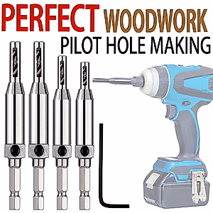 Japard Self Centering Drill Bit Set for Hinges 4 Pcs, 1/4 Hex Shank with 5/64, 7/64, 9/64, 11/64 inches Door Window Cabinet