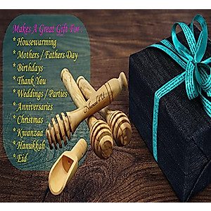 Olive Wood Honey Dipper Stick - Set of 3 (5”/7”/9”) & 1 Wooden Spoon, Use Honey Sticks for Tea & as Honey Server, Honey Dripper, Honey Spoon, Honey Drizzler, Honey Stirrers for Tea