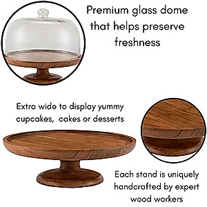 BIRDROCK HOME Cake Stand with Glass Dome and Wood Base - Wood Iron Dessert Serving Tray - Rustic Farmhouse Dessert Stand - Modern Party Oversized Server - Table Kitchen Home Display - Round