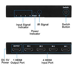 4K HDMI Switch 4x1, 4K@60Hz 4 in 1 Out HDMI Switcher Selector with IR Remote Control, Supports HDCP 2.2 4K@60Hz UltraHD HDR10 3D HD1080P Dolby DST, HDMI Splitter for PS4 Xbox Apple TV Fire Stick