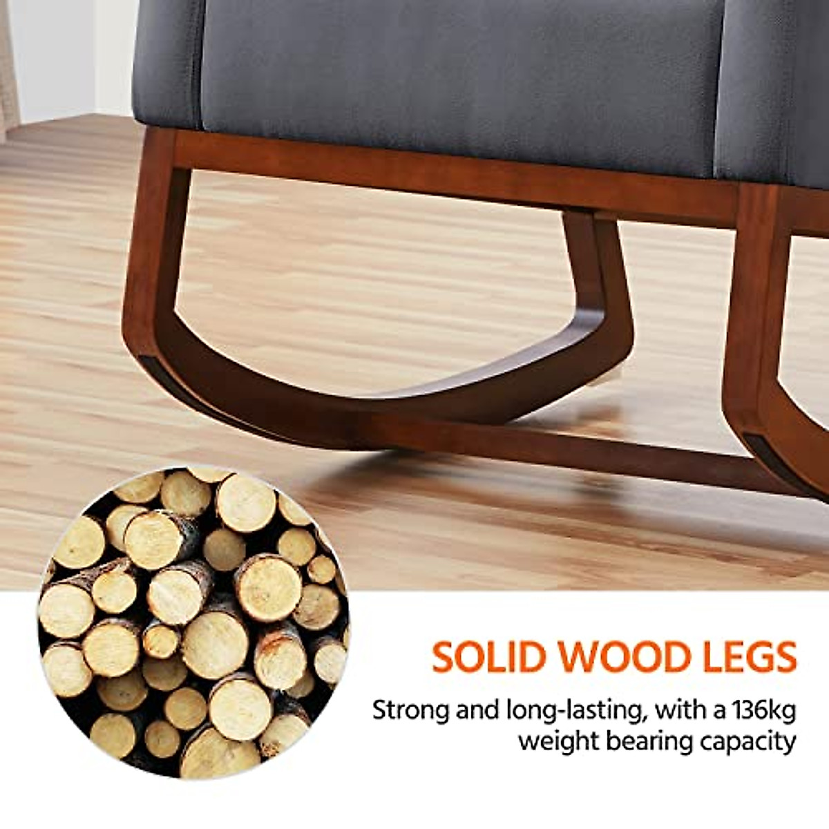 Yaheetech Rocking Chair Nursery Upholstered Glider Chair with Rubber Wood Legs Side Pocket, Rocking Accent Armchair for Living Room, Gray