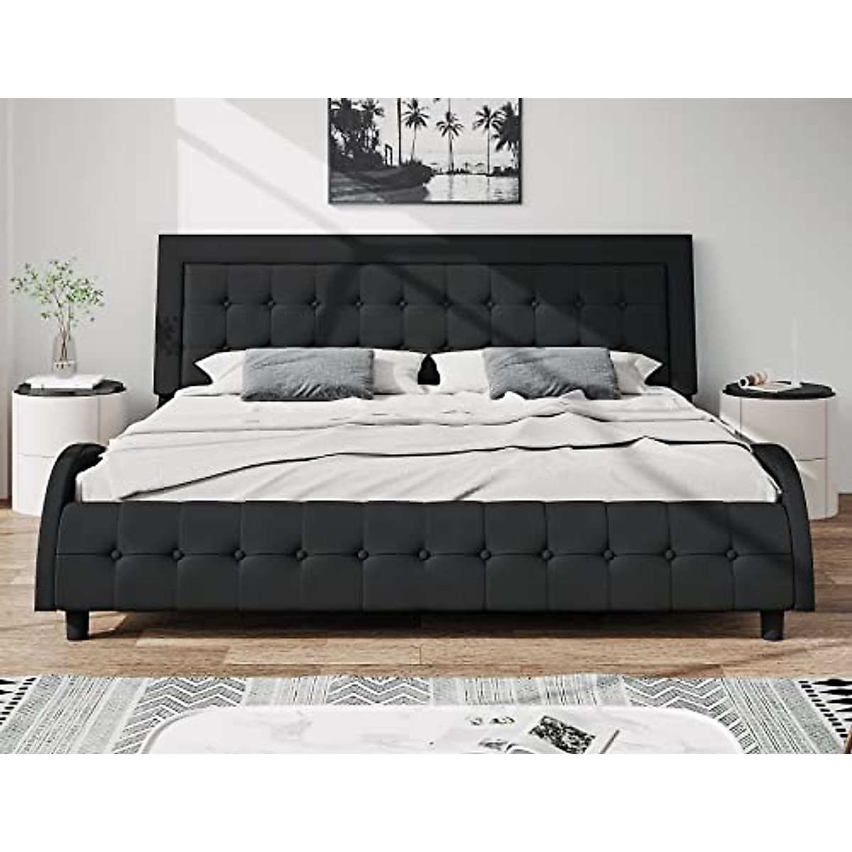 SHA CERLIN King Size Box-Tufted Platform Bed Frame/Faux Leather Upholstered Bed Frame with Adjustable Headboard/Wood Slat Support/Wave-Like Modern Bed/Low Profile/Black