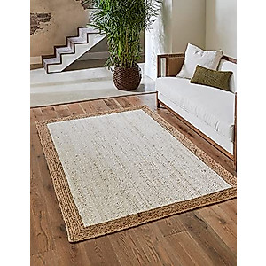 Unique Loom Braided Jute Collection Classic Quality Made Natural Hand Woven with Solid Color Detail, Area Rug, Rectangular 4' 0" x 6' 0", White/Beige