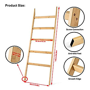 Haorui Bamboo Blanket Ladder 5-Tier Towel Ladder Shelf Towel Racks for Bathroom Wall Leaning Blanket Ladders for Living Room, Bedroom