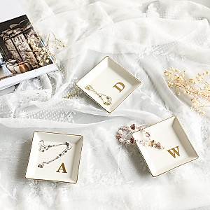 COLLECTIVE HOME - Ceramic Jewelry Tray, Monogram Decorative Trinket Dish for Rings Earrings Necklaces Bracelet Watch Keys, Birthday Mother's Day Christmas Gift for Women, 4" x 4" (A)