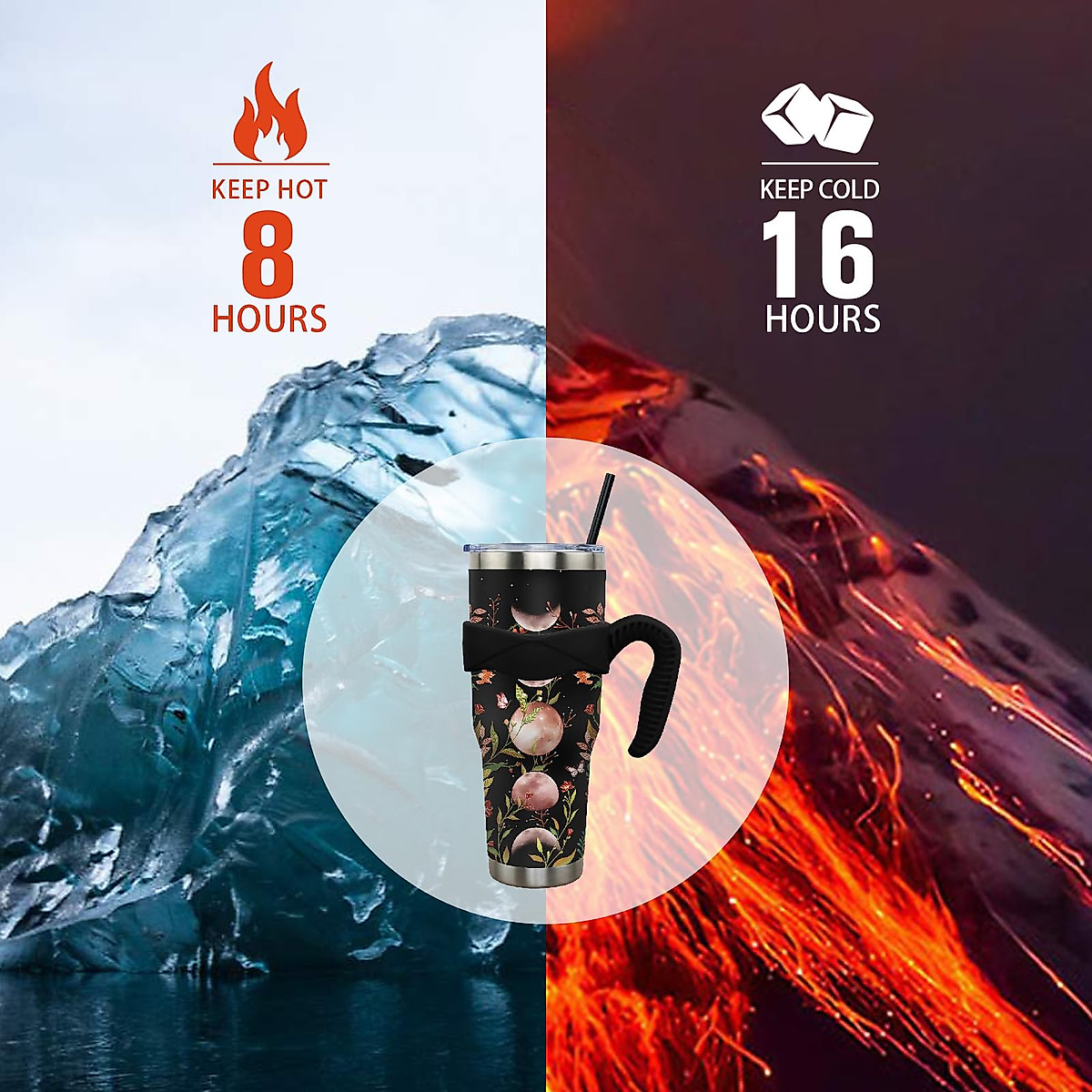 Exacmos 40 oz Tumbler with Handle and Straw 40 oz Boho Cup Insulated Stainless Steel Coffee Travel Mug Spill Proof Leak Proof Slim 40oz Tumbler with Handle Boho Decor Stuff Gifts for Women